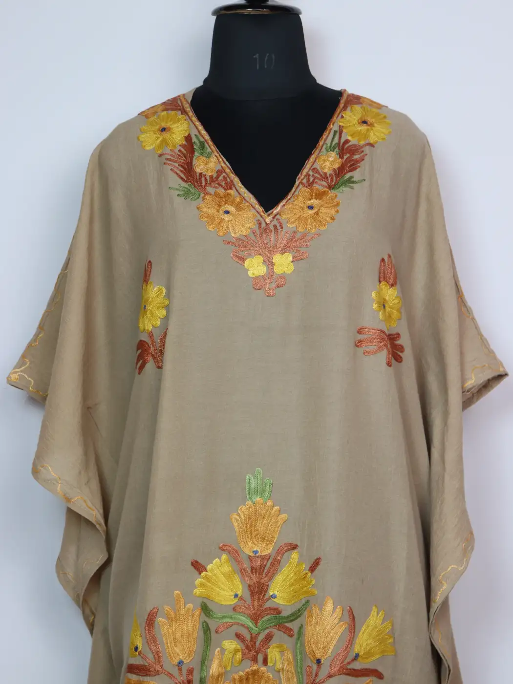 Afsana Light Brown Long Cotton Kaftan with Samina Aari Embroidery - Gyawun
