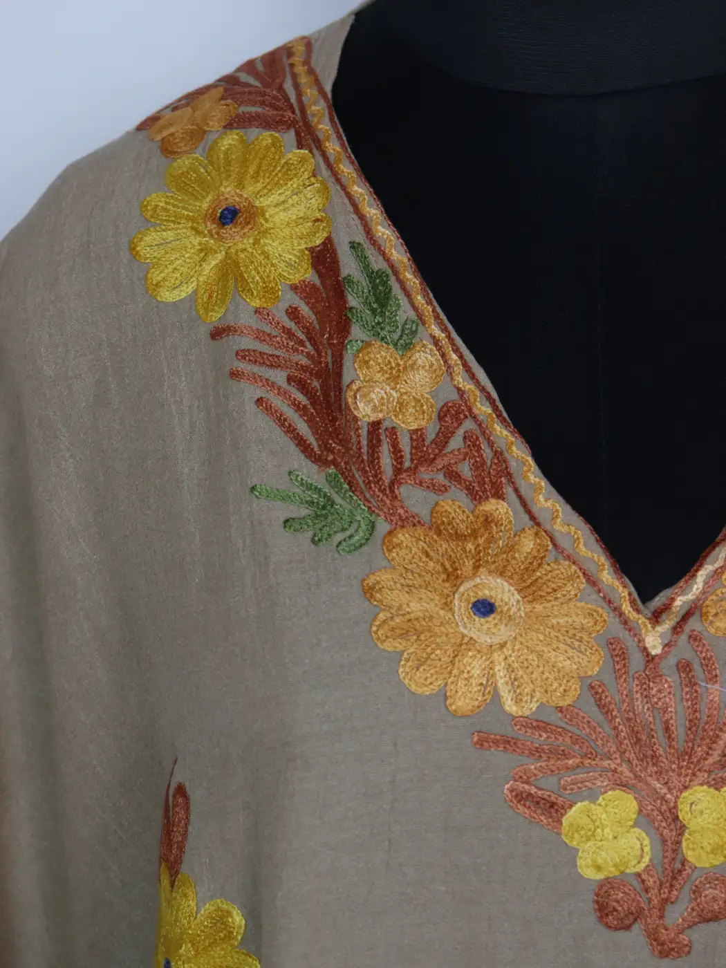 Afsana Light Brown Long Cotton Kaftan with Samina Aari Embroidery - Gyawun